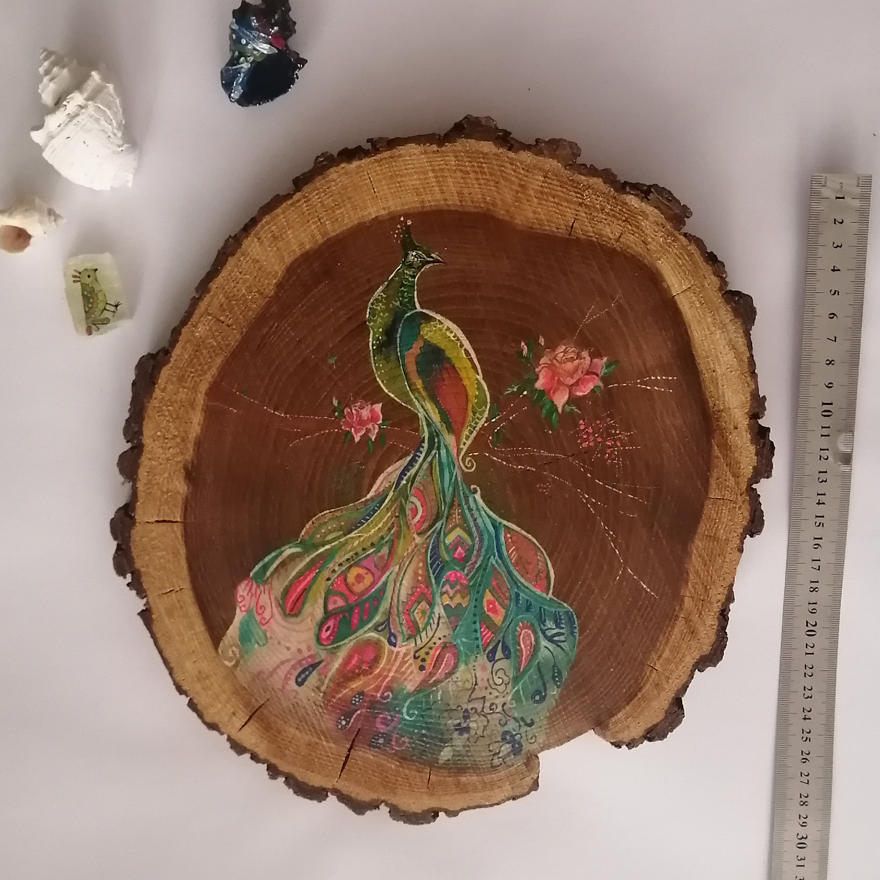 خرید و قیمت نقاشی طاووس روی چوب با گواش از غرفه نقاشی کریمی ارسال رایگان